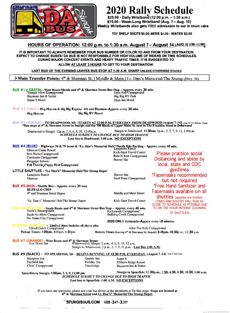 2020 Da Bus Rally Map and Hours or Operations – Da Bus / Sturgis Transit